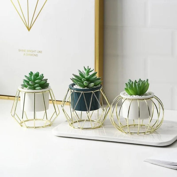 Abstract Round Glass Decor Pot with Golden Cage - curved